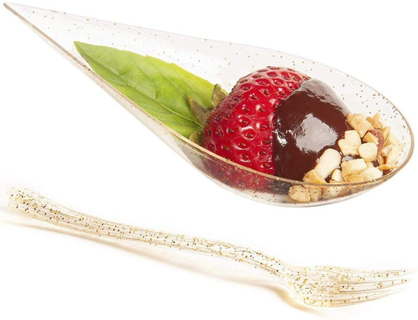 1000 Mini Dessert Cups with Forks [4-inch, Tear Drop Clear Glitter] – DLux